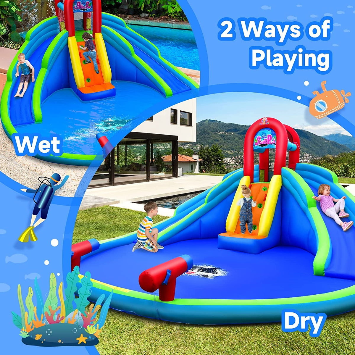 Inflatable Water Park Waterslide for Kids Backyard with 7... – Moogdesk