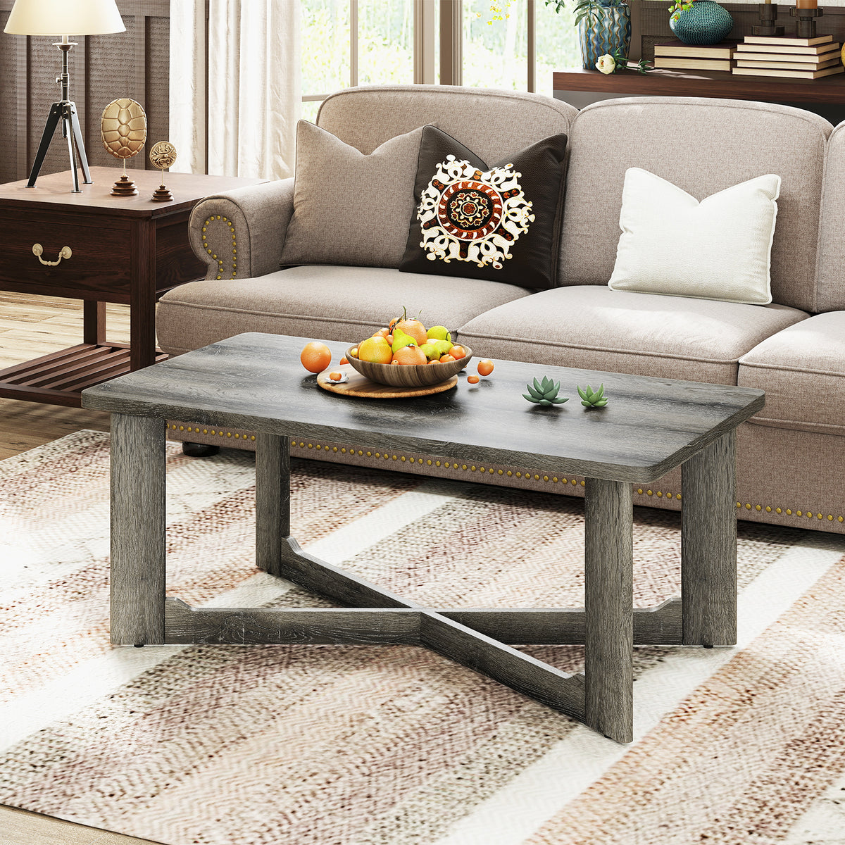 Rectangle Coffee Table Rubber Wood Base with X-Shaped Bas... – Moogdesk