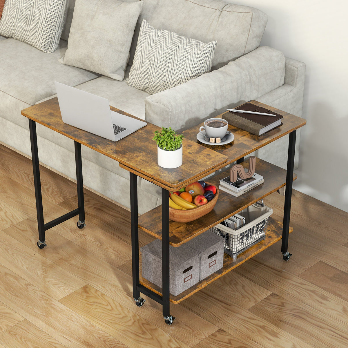 360Â° Rotating Sofa Side Table with 2-Tier Storage Shelves – Moogdesk