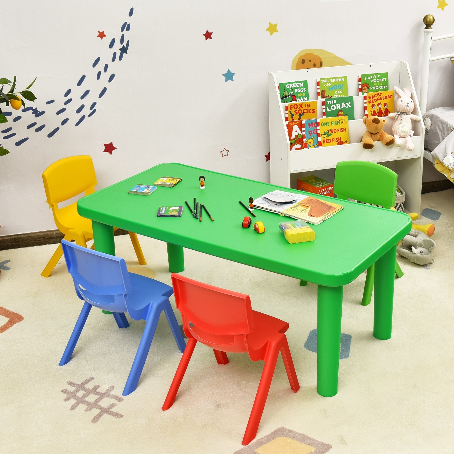 Kids Colorful Plastic Table and 4 Chairs Set – Moogdesk